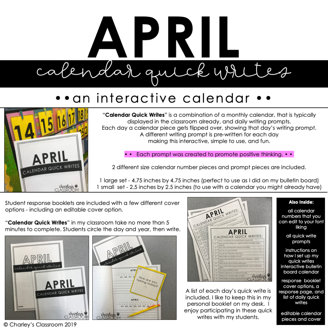 Calendar Quick Writes (April) | An Interactive Writing Calendar ...
