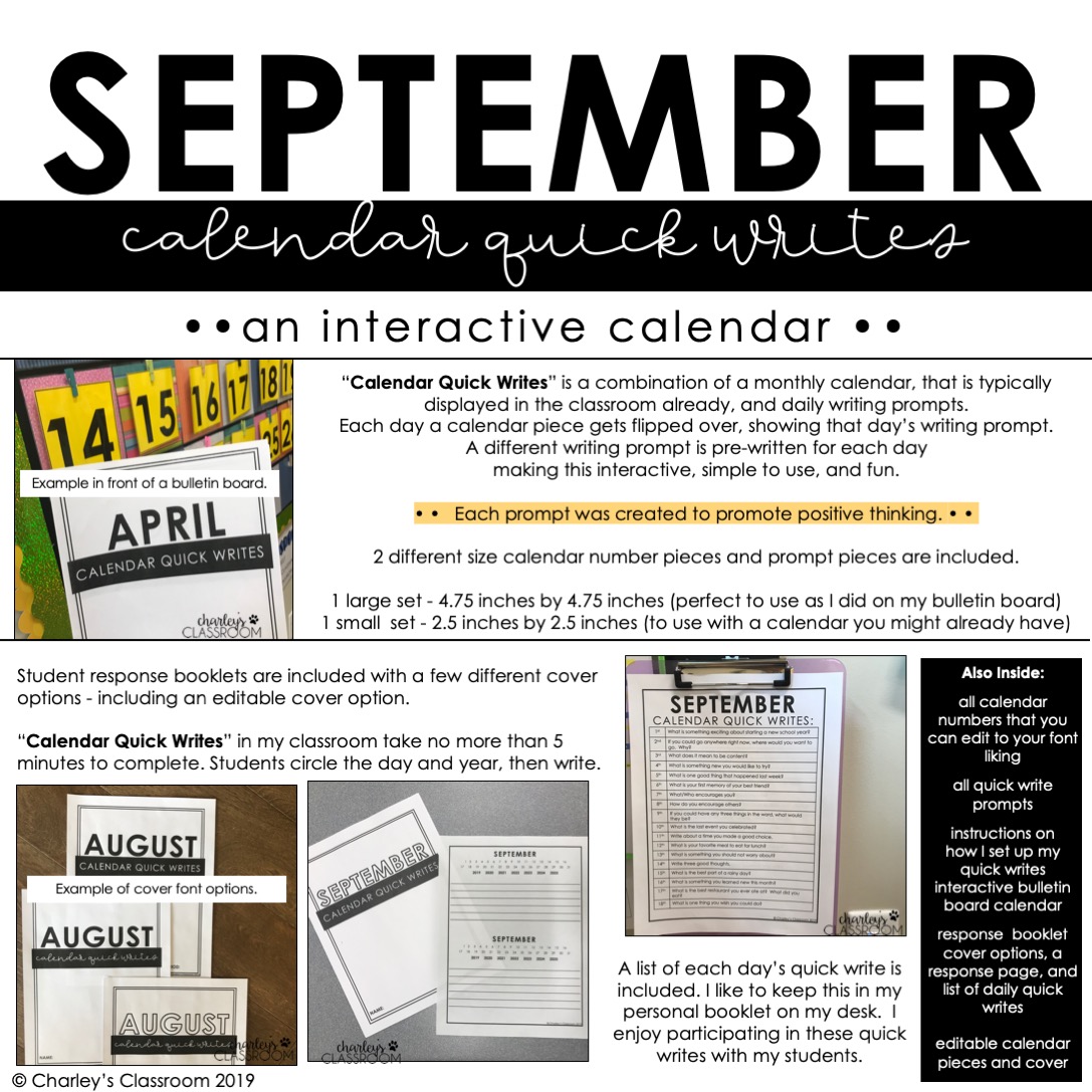 Calendar Quick Writes (September) | An Interactive Writing Calendar ...