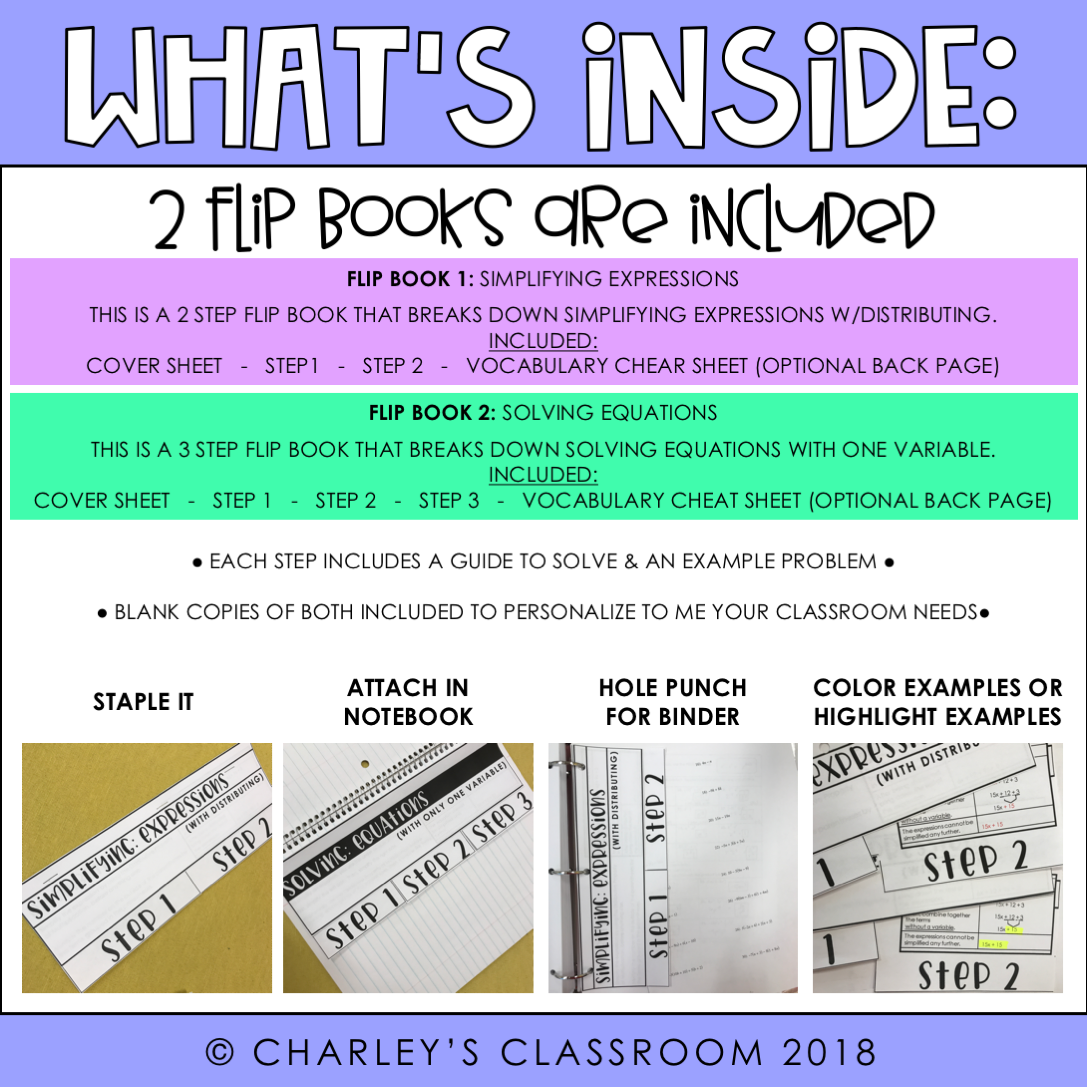 Simplifying Expressions & Evaluating Equations | 2 Flip Books - Charley ...