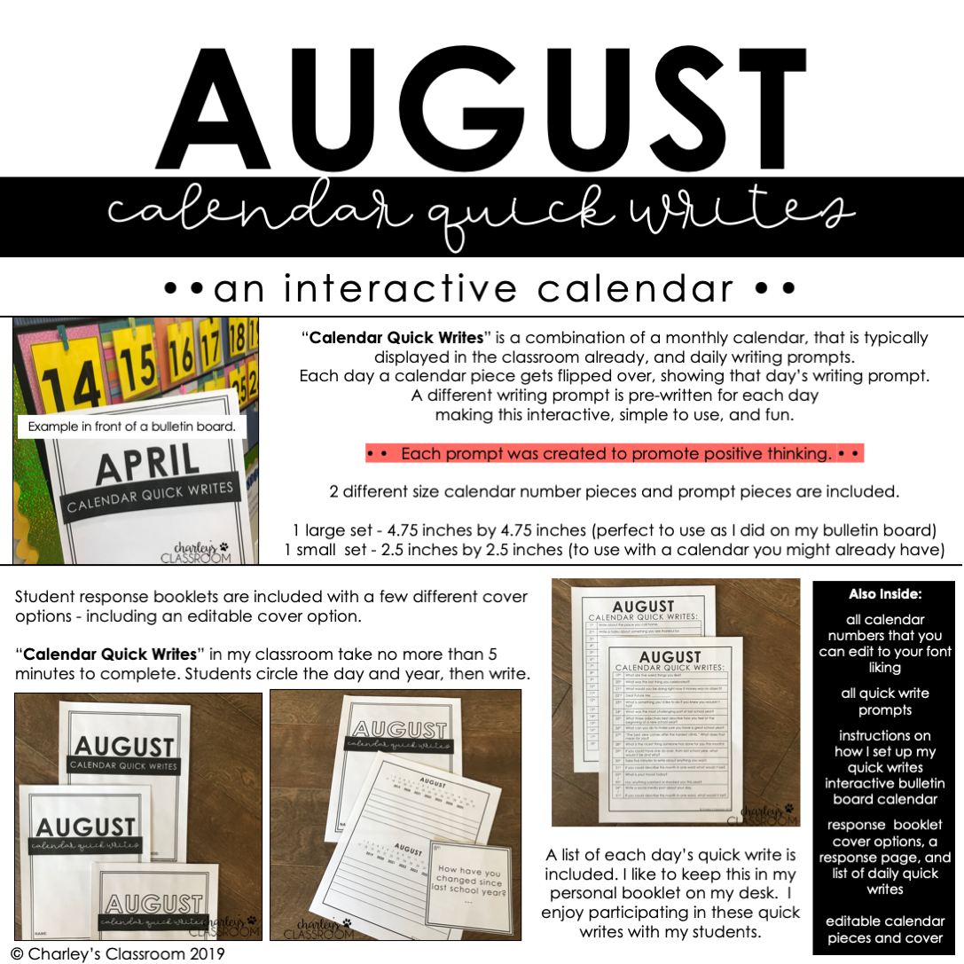 Calendar Quick Writes (August) | An Interactive Writing Calendar ...