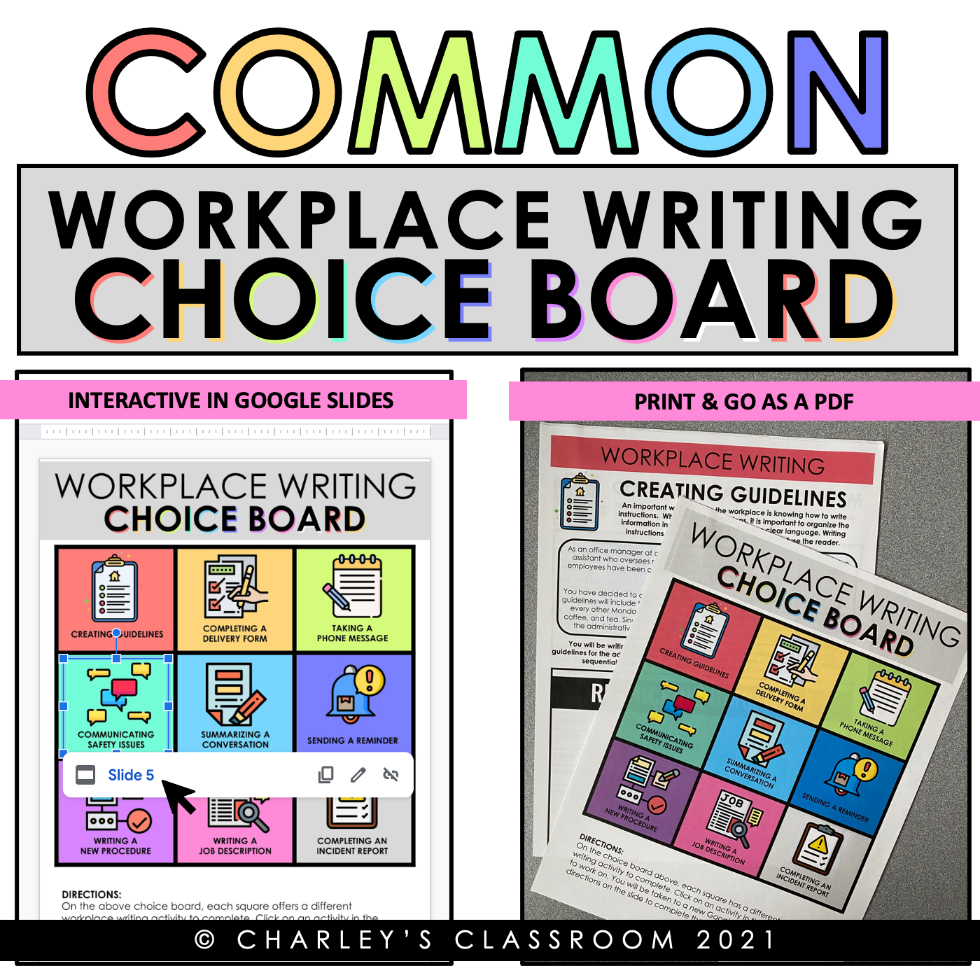 Common Workplace Writing Choice Board - Charley's Classroom